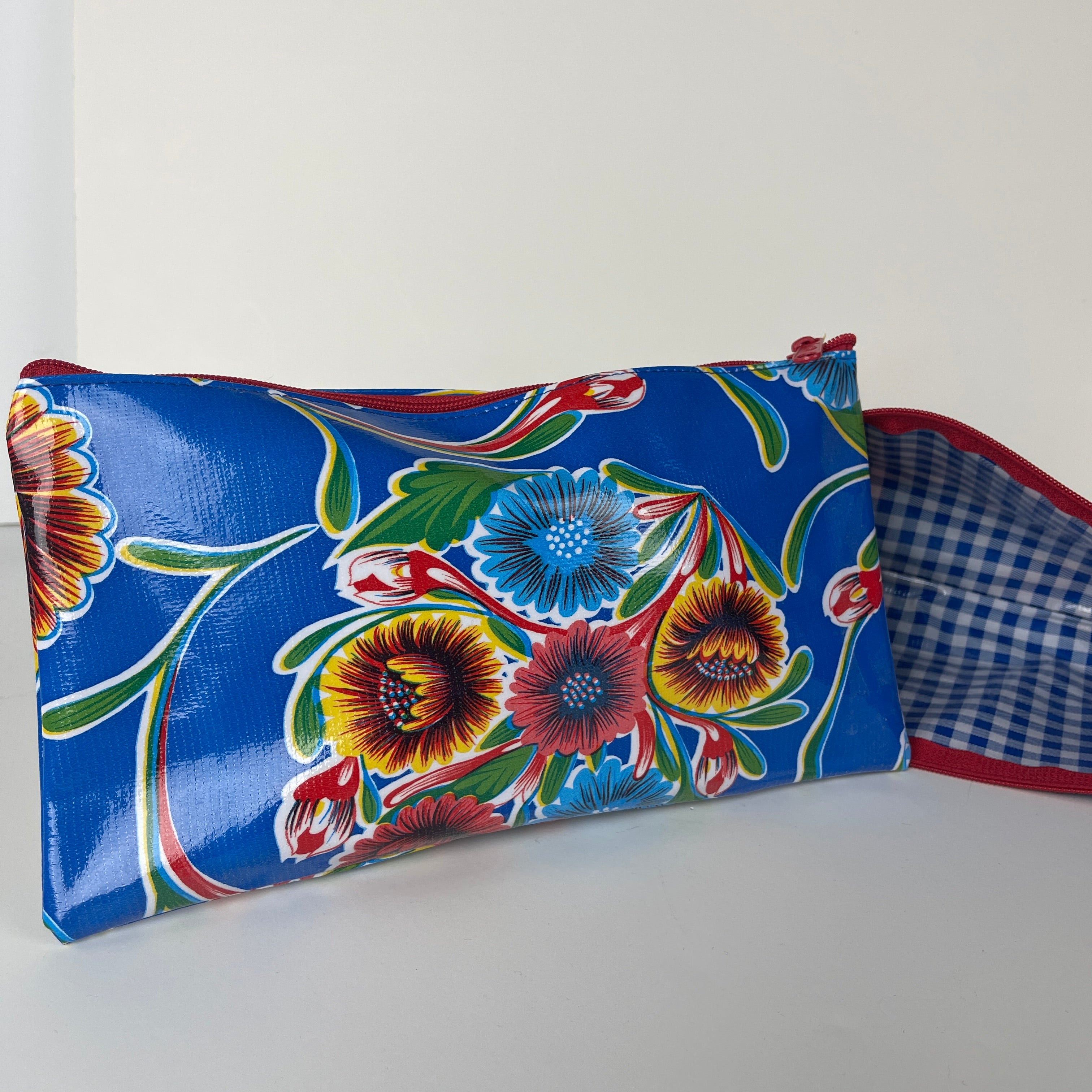 Oilcloth Zipper Bag - Floral Blue | Mexican Sugar Skull