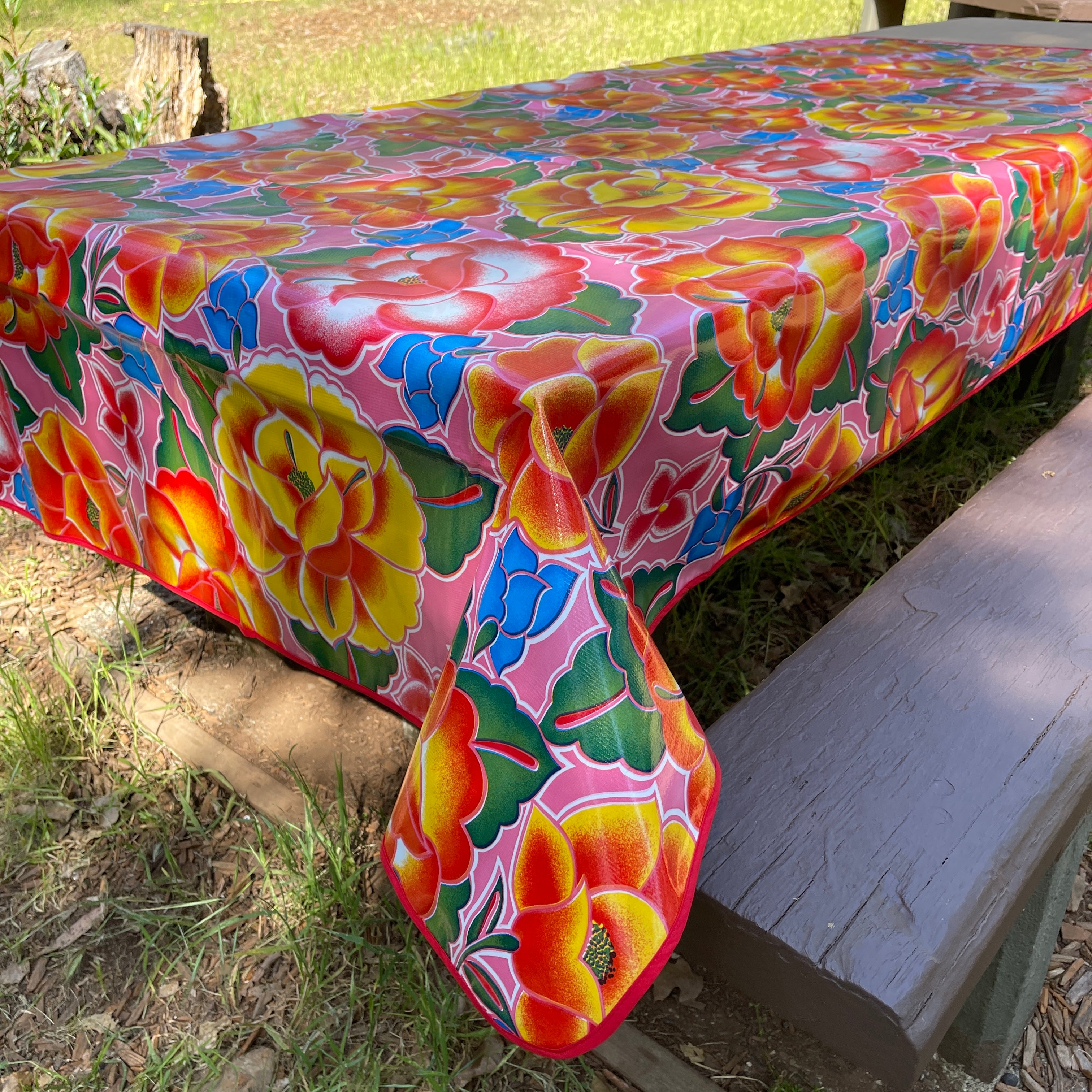 Rectangle 86" Long Table Oilcloth - Frida Rosa Mexicana - Red trim ...